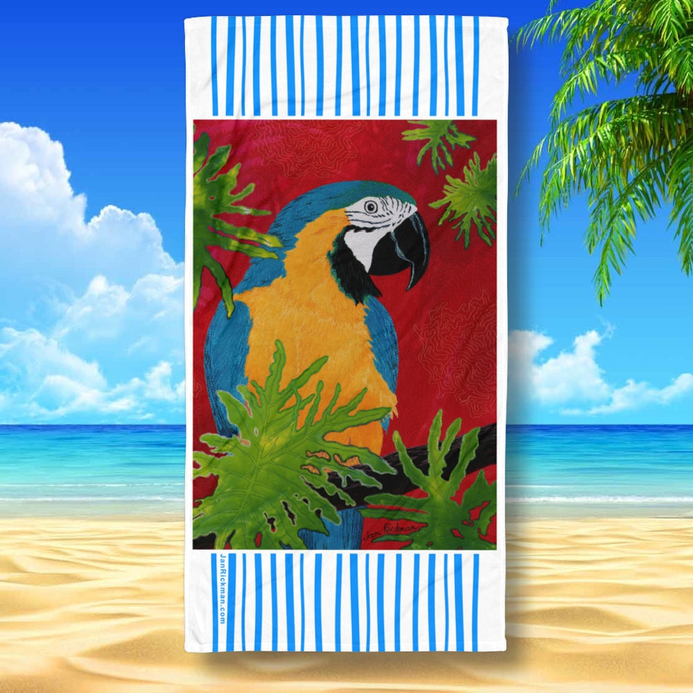 Relax with Blue & Gold Macaw Parrot Beach Towel – Jan Rickman